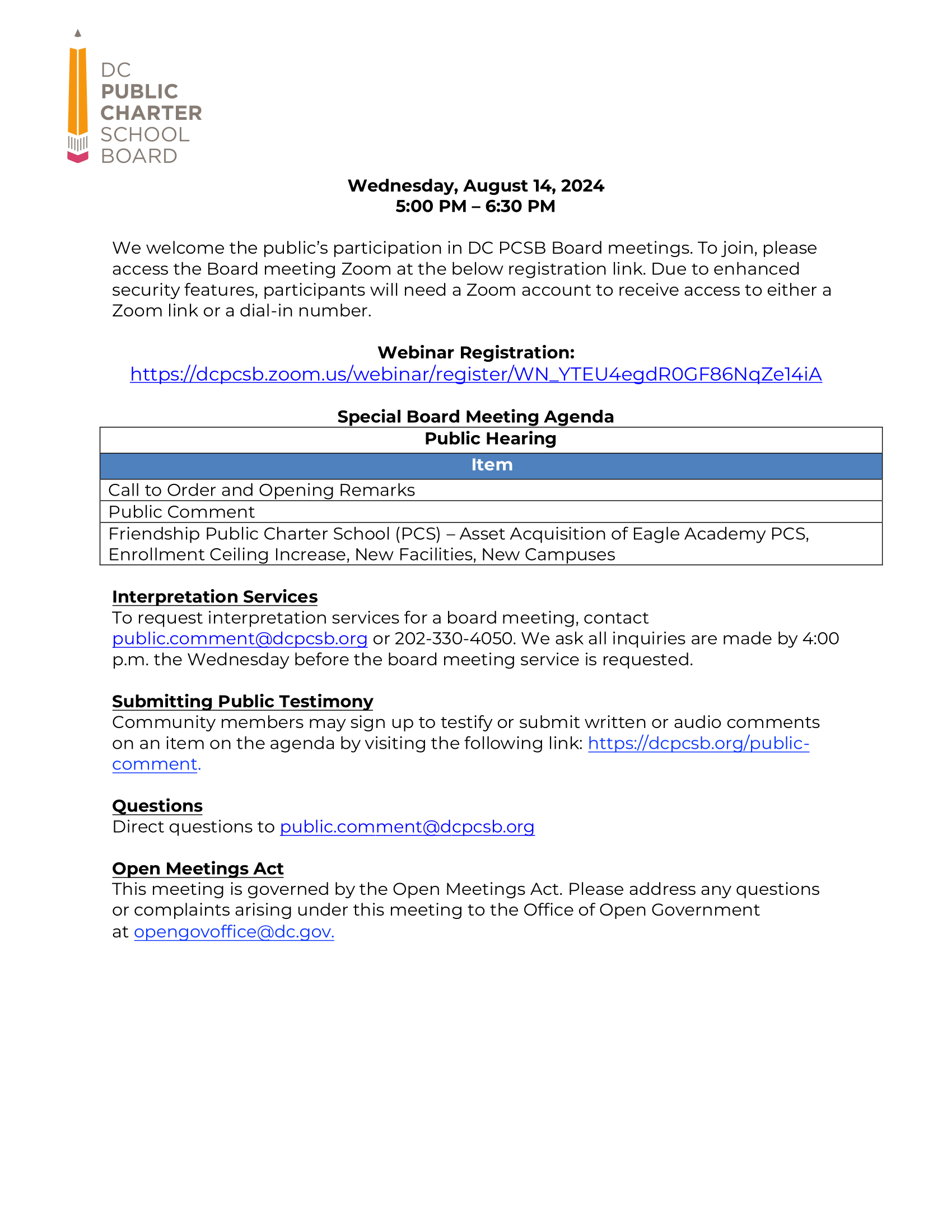 Special Board Meeting August 2024 Dc Pcsb